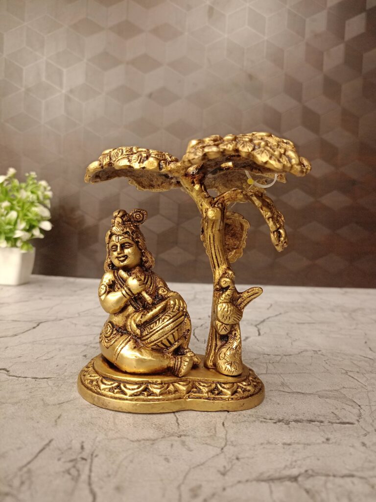 Brass Butter Krishna Under tree Statue Small- 5" - Brass God Idols ...