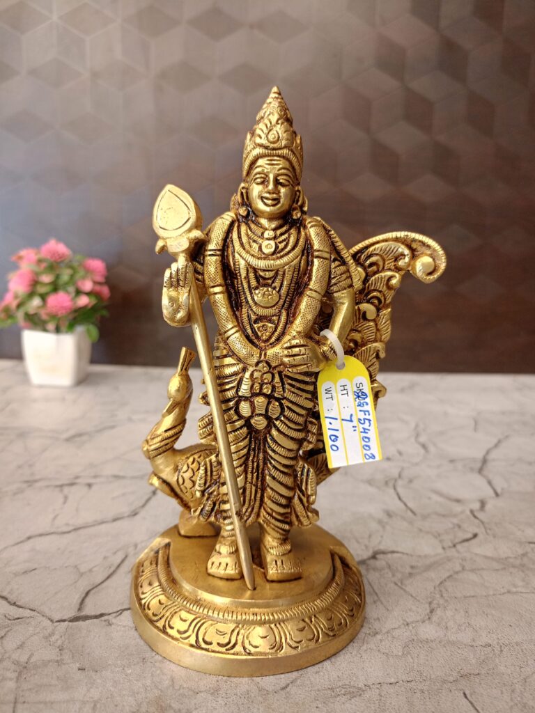 Brass Murugan With Peacock Statue 7" - Brass God Idols VgoCart Coimbatore